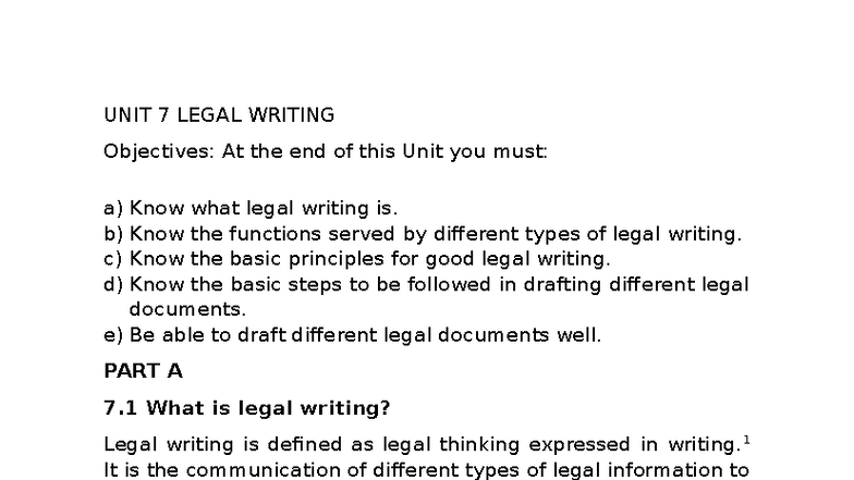 UNIT 7 Legal Writing: Principles and Drafting Techniques - Studocu