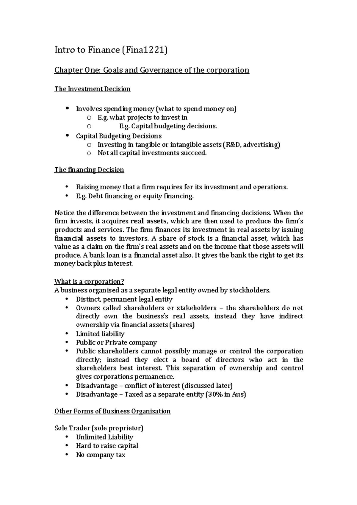 Fina1221 - Comprehensive Summary of Introduction to Finance Notes - Studocu