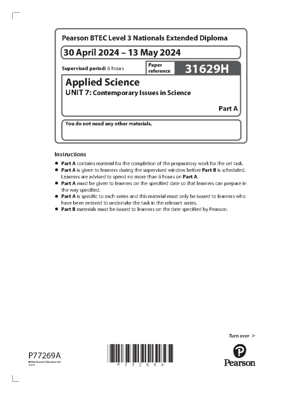 BTEC Applied Science Unit 7: June 2024 Combined Assessment Prep - Studocu