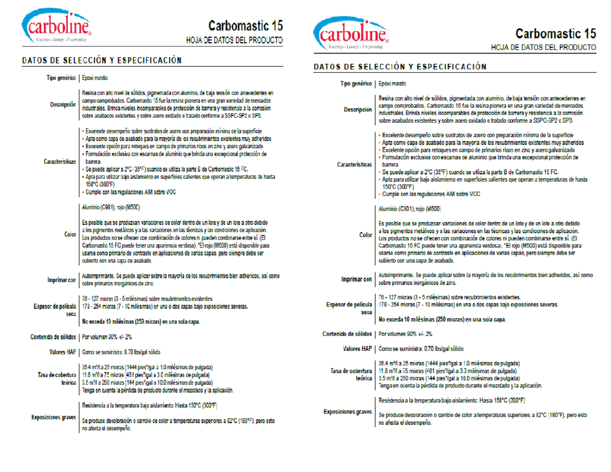Carboline Carbomastic 15: Hoja de Datos del Producto y Especificaciones ...