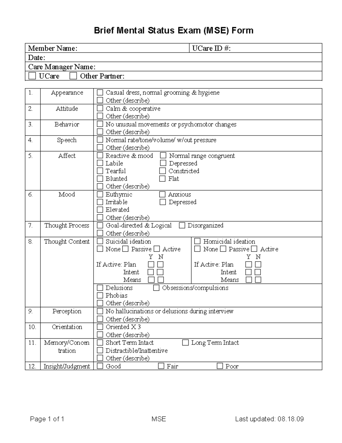 Brief MSE - Mental Status Examination Form & Guide - Studocu