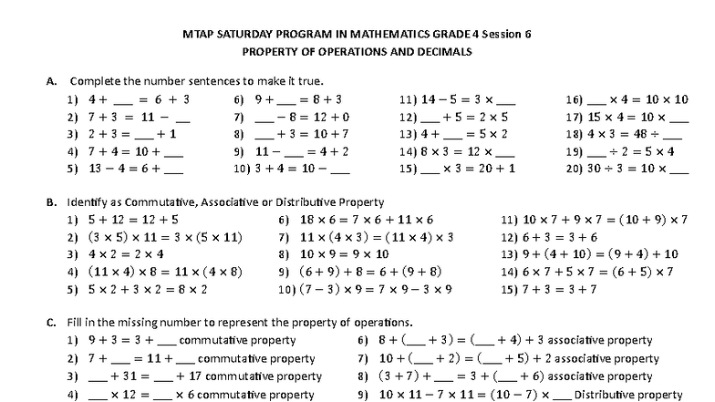 Grade 4 MTAP Mathematics Session 6: Properties of Operations & Decimals ...