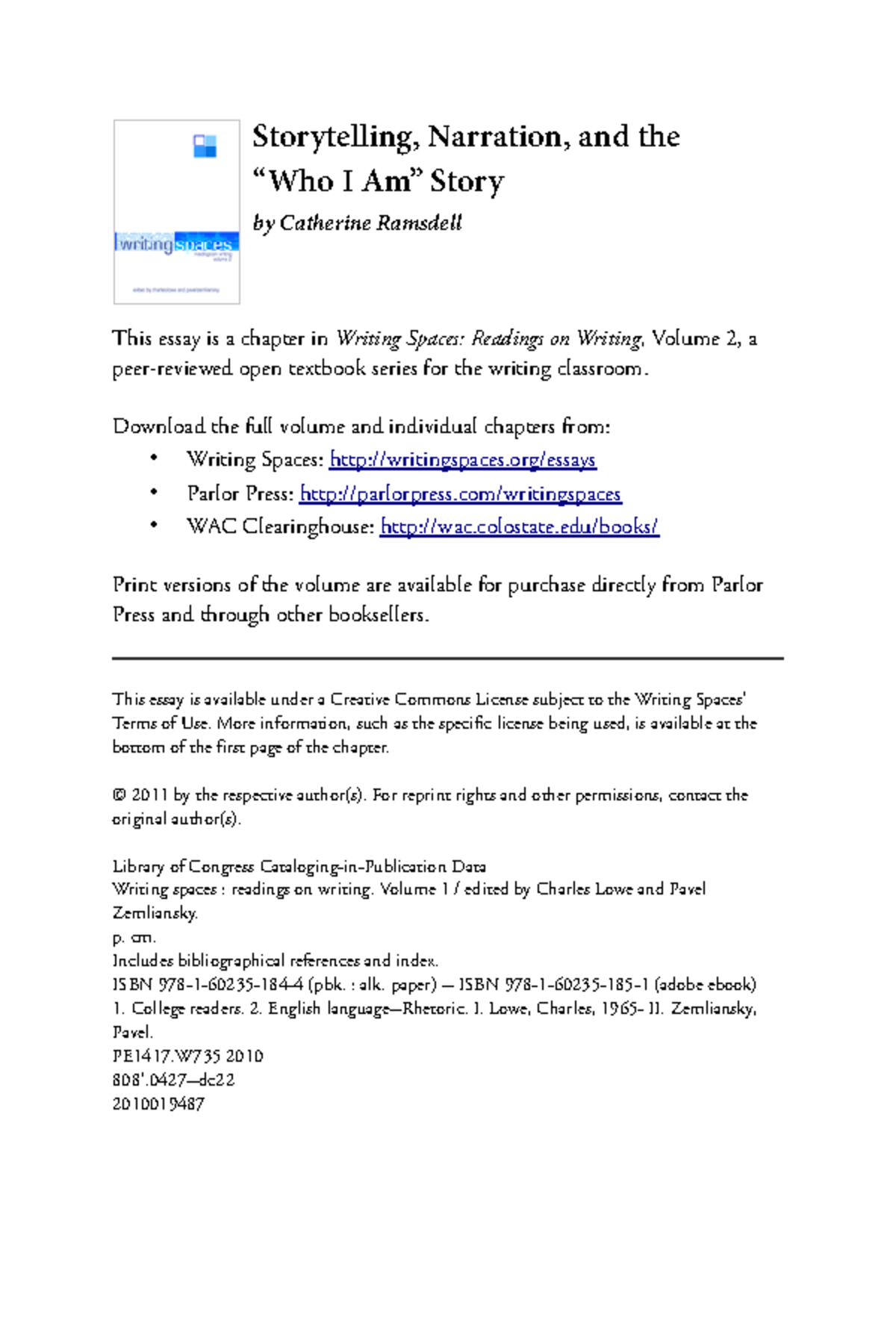 Storytelling and the "Who I Am" Narrative in Writing Spaces: Chapter ...