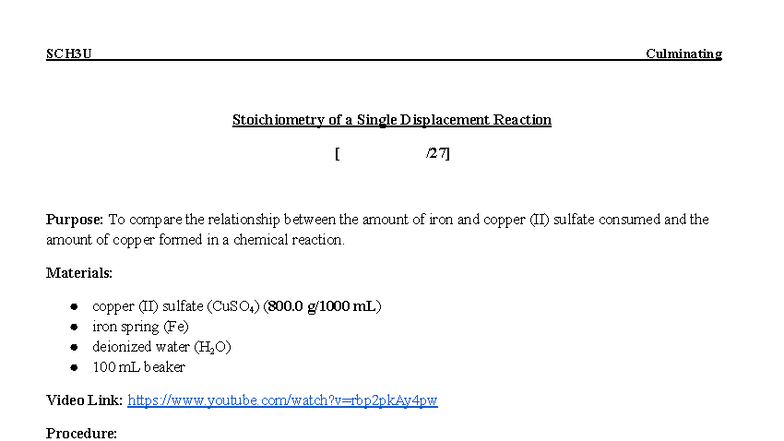 SCH3U Culminating Lab Report: Stoichiometry of Single Displacement ...