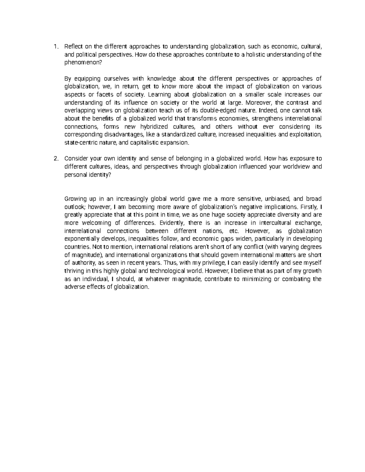 TCW FA 1 - Understanding Globalization: Perspectives and Personal ...