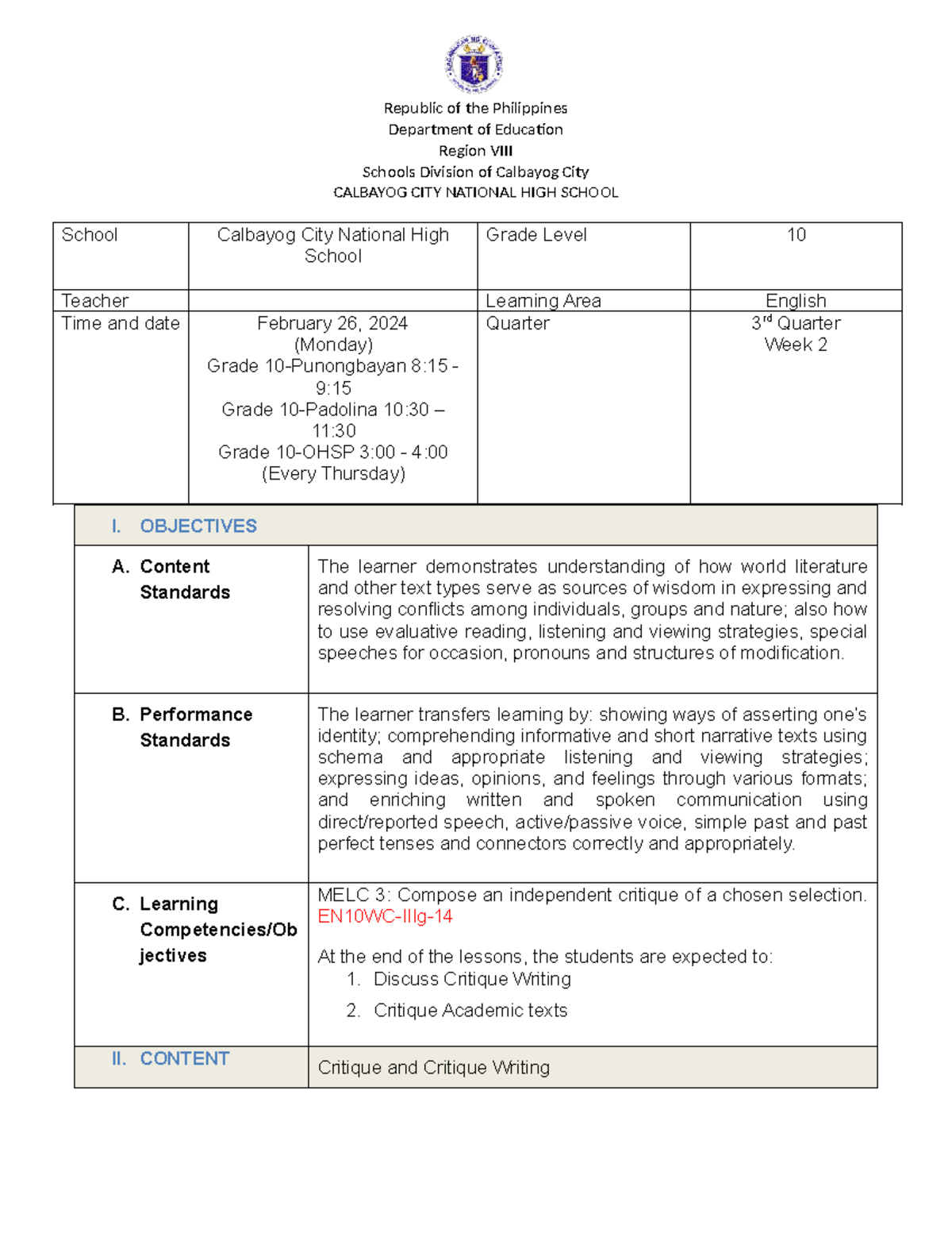 Grade 10 English: DLP for Critique Writing (Feb 26, 2024) - Studocu