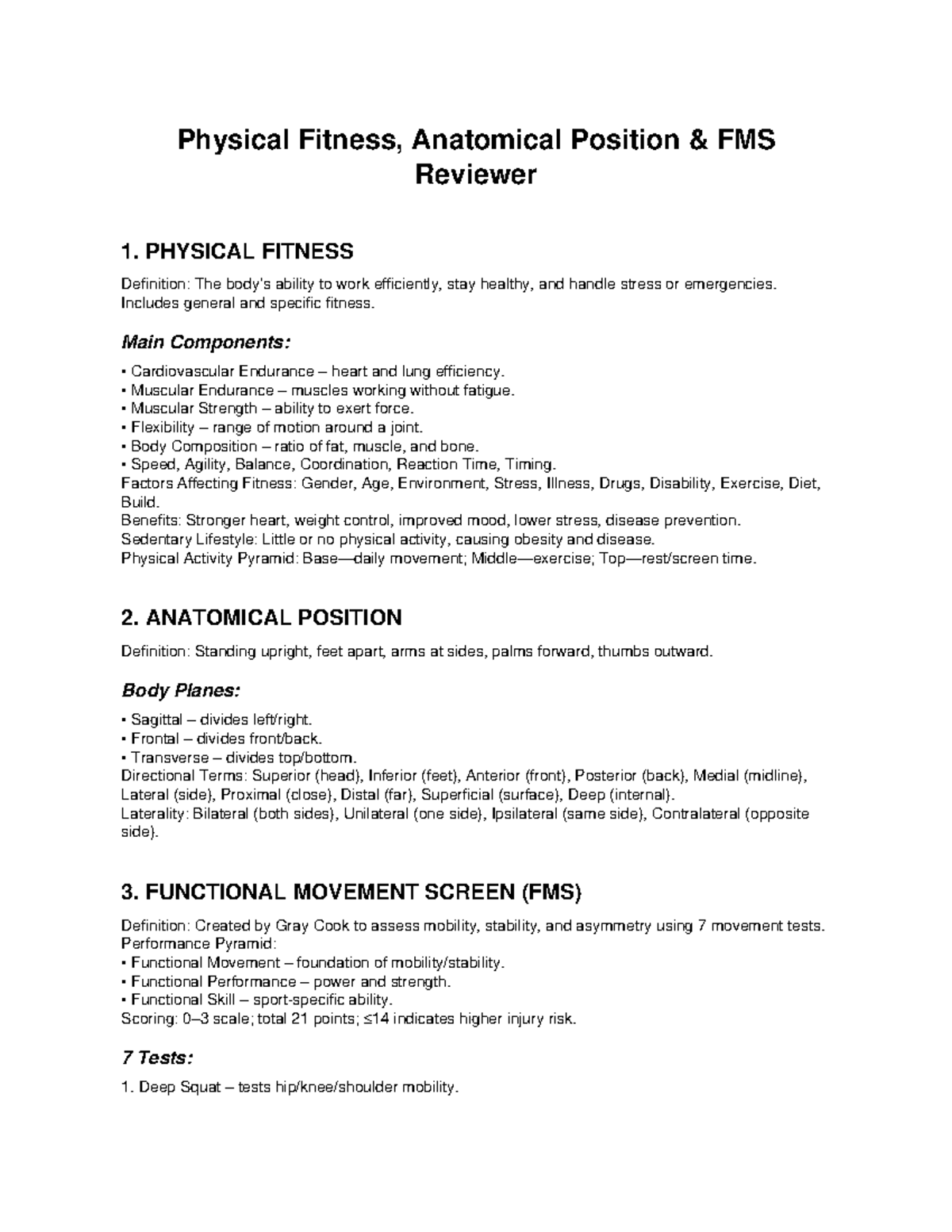 Physical Fitness & Anatomical Position FMS Review Guide - Studocu