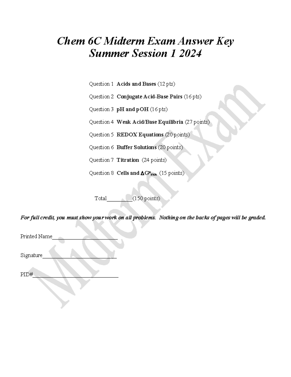 Chem 6C Midterm Exam SS1 2024 Answer Key - Chem 6C Midterm Exam Answer ...