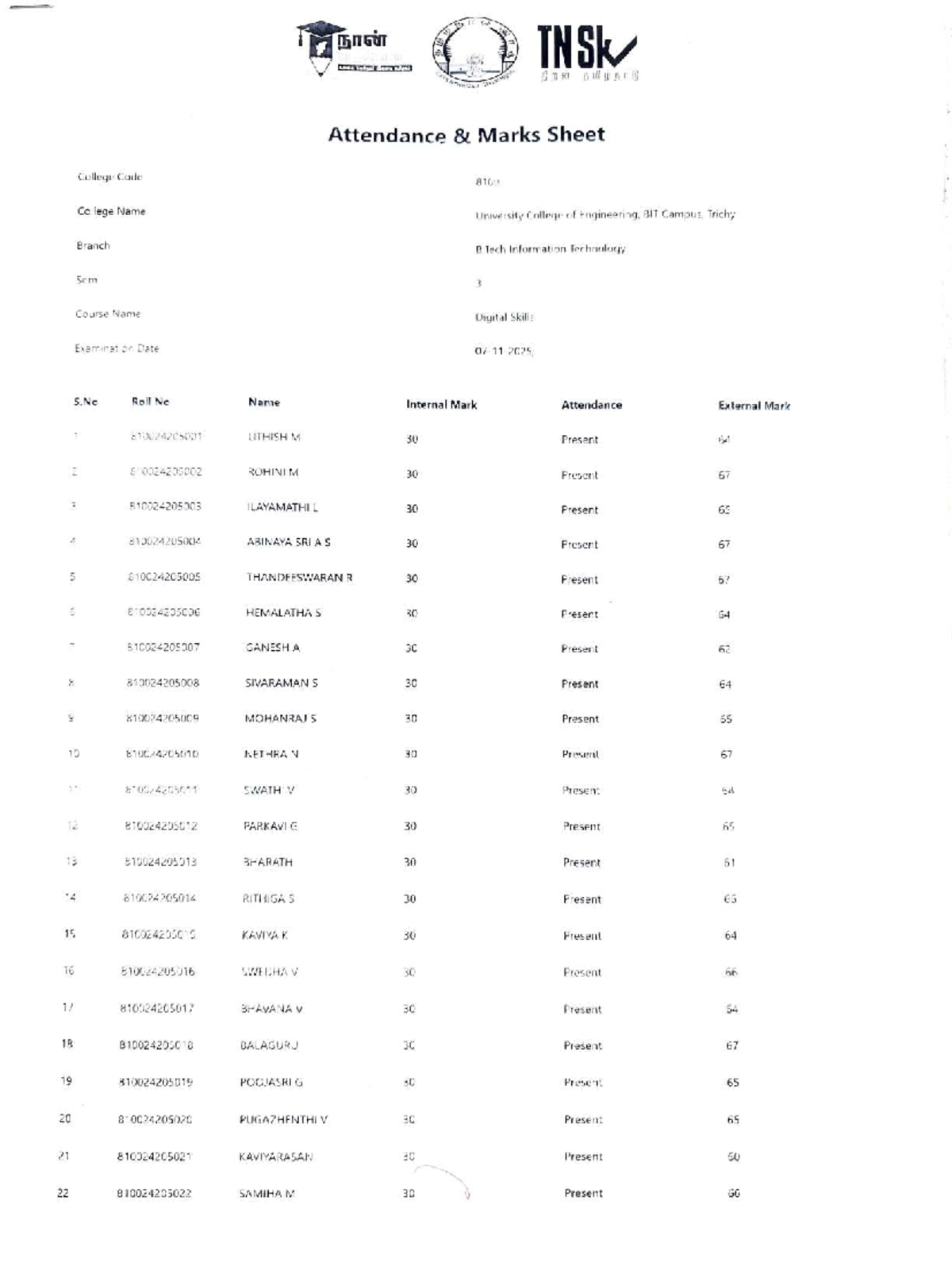 TN SK Attendance & Marks Sheet for Digital Skills (B.Tech IT) - Studocu