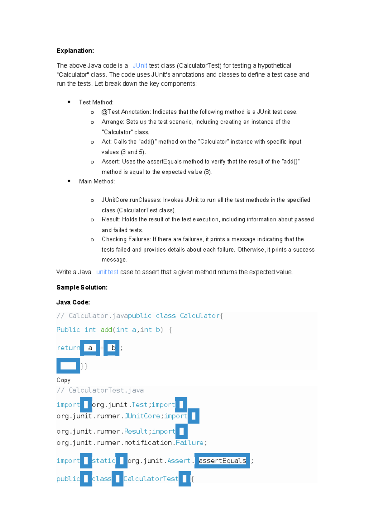 Java JUnit Test Case for Calculator Class - Ex. Lab Exercises - Studocu