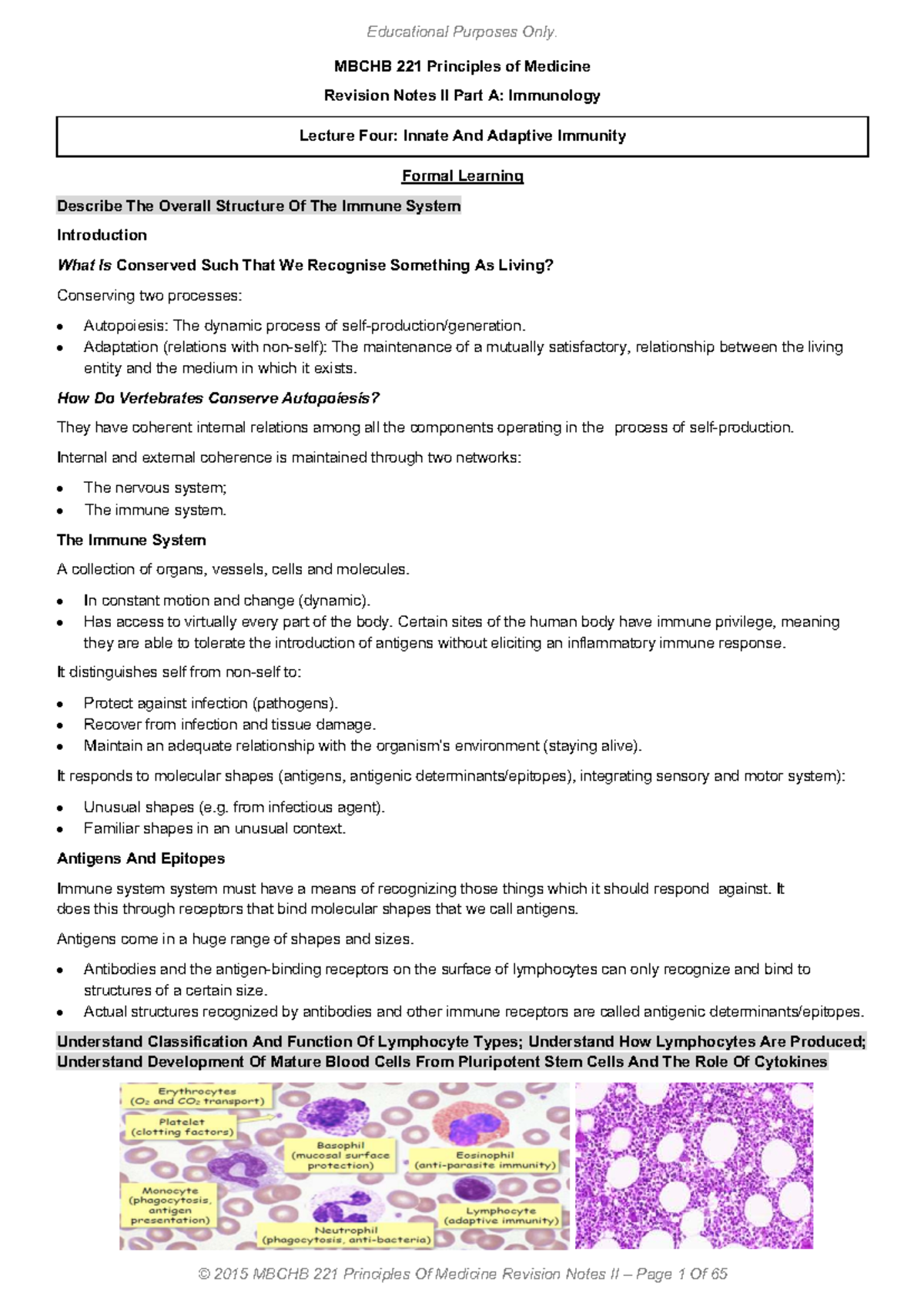 MBCHB 221 Immunology Lecture Notes: Innate & Adaptive Immunity Overview ...
