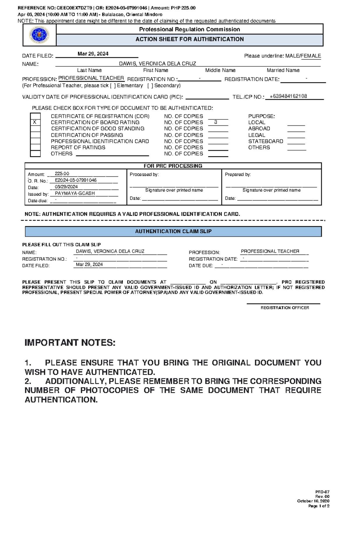 PRC-07 - Document Authentication Claim Slip for Professional Teacher ...