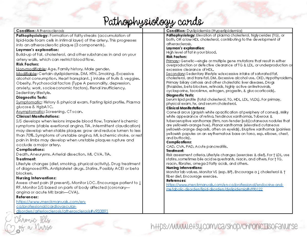 Patho Cards Review for Atherosclerosis and Dyslipidemia Conditions ...