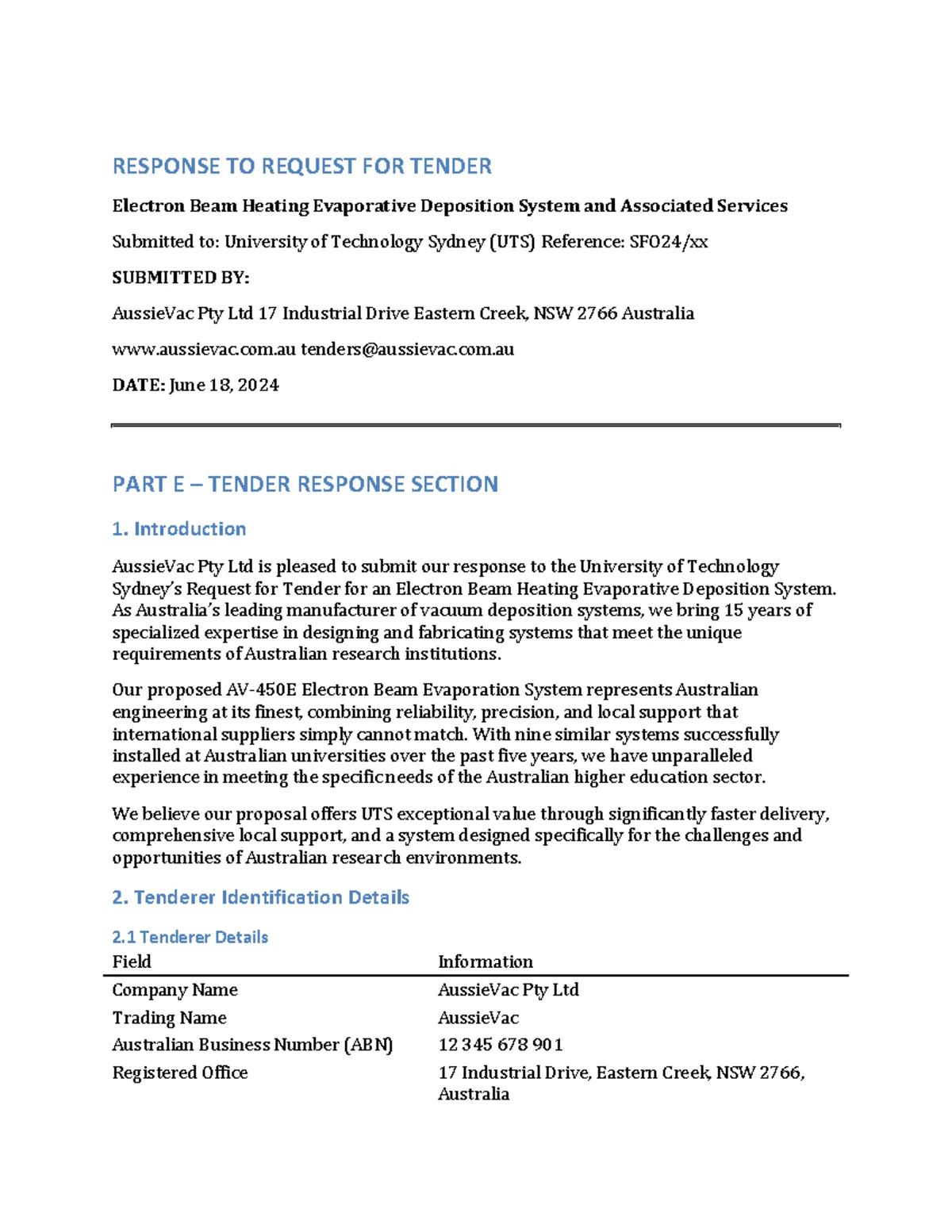 RESPONSE TO TENDER: Electron Beam Heating Evaporation System for UTS ...