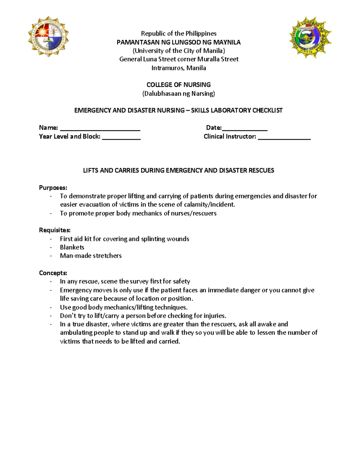 Emergency & Disaster Nursing Skills Lab Checklist: Lifts & Carries ...