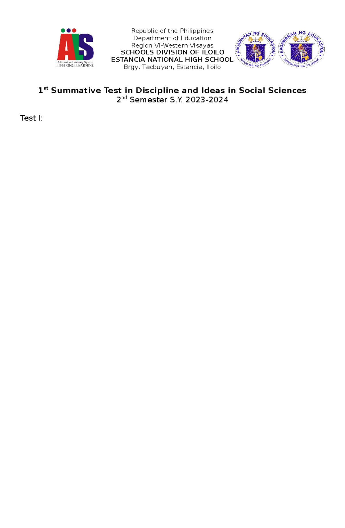 1st Summative Test in Discipline and Ideas in Social Sciences -ALS ...