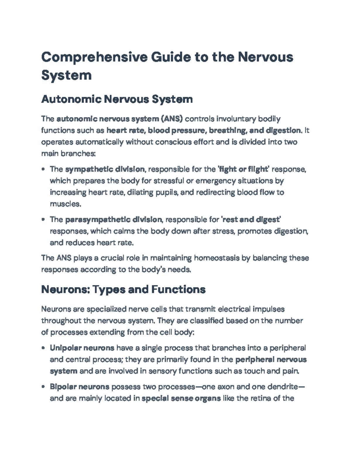 Comprehensive Overview of the Nervous System: Functions & Structure - Studocu
