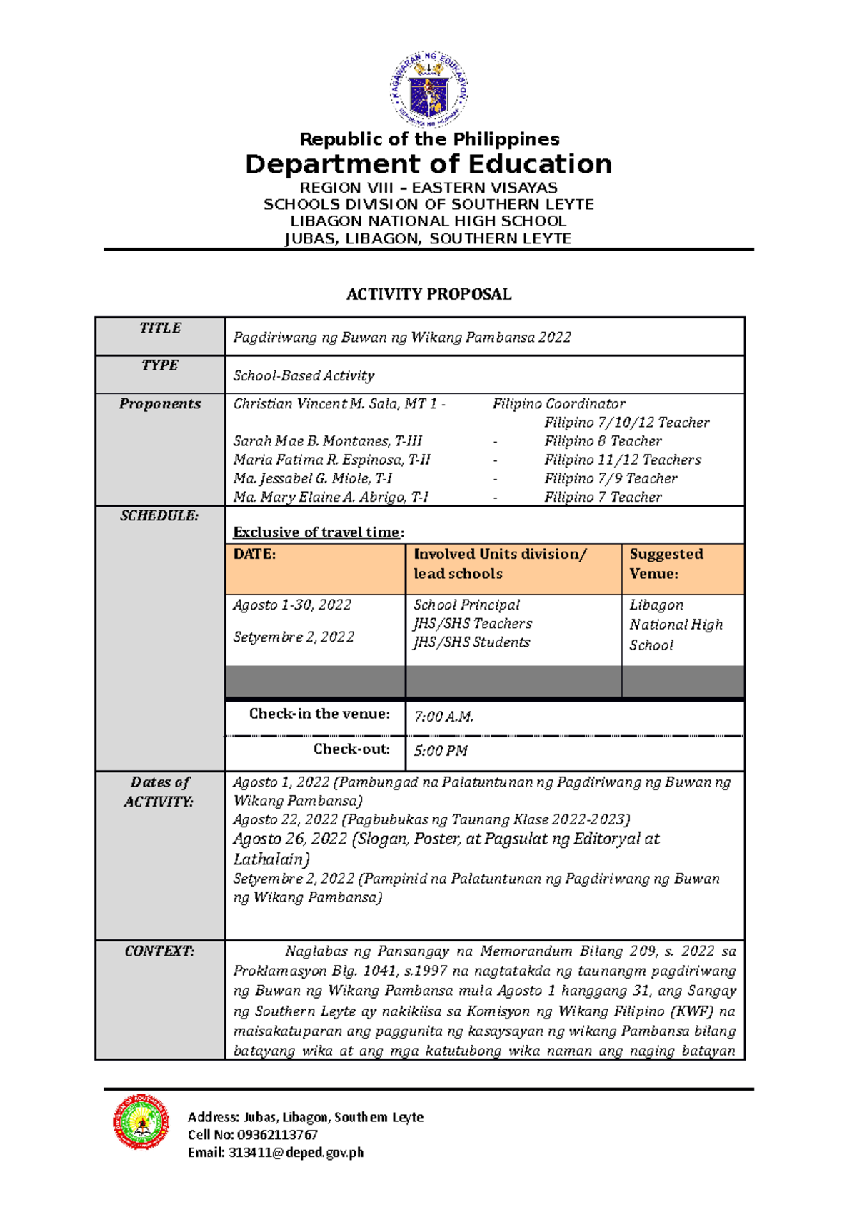 Activity proposal buwan ng wikang pambansa 2022 - Republic of the ...