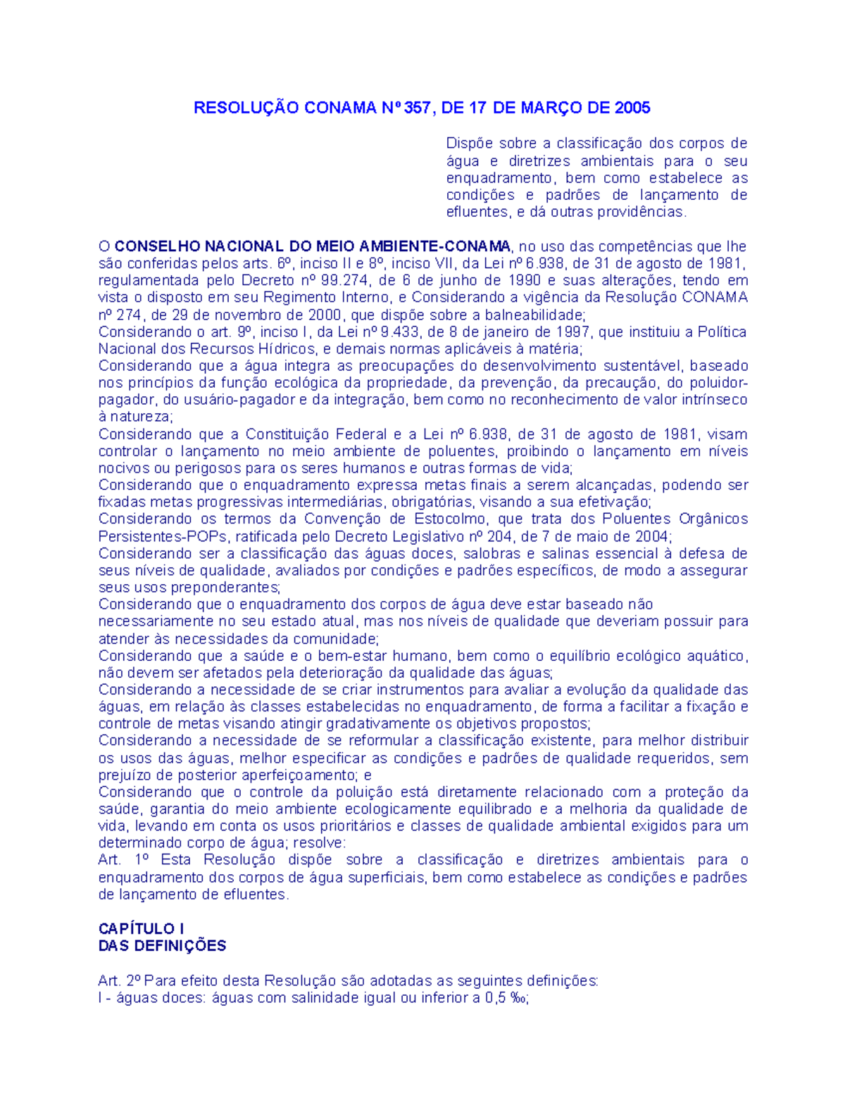 Resolução CONAMA nº 357 de 2005: Diretrizes e Classificação das Águas ...