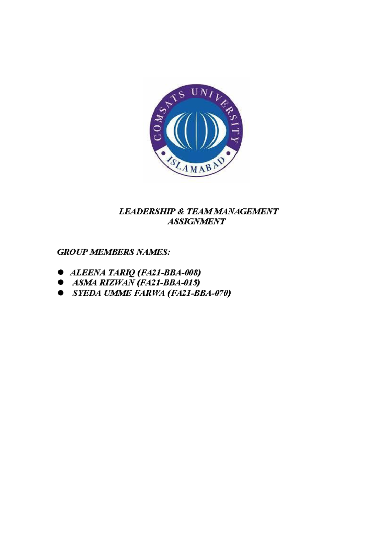 leadership notes - LEADERSHIP & TEAM MANAGEMENT ASSIGNMENT GROUP ...