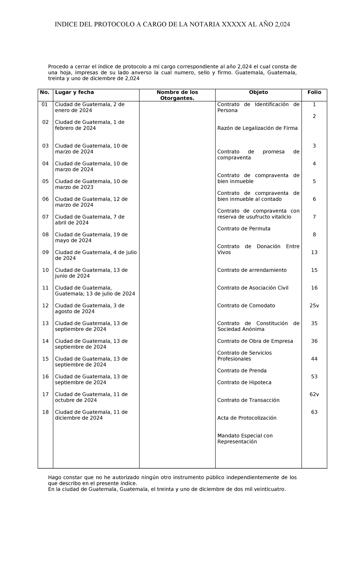 Indice DE Protocolo - INDICE DEL PROTOCOLO A CARGO DE LA NOTARIA XXXXX ...