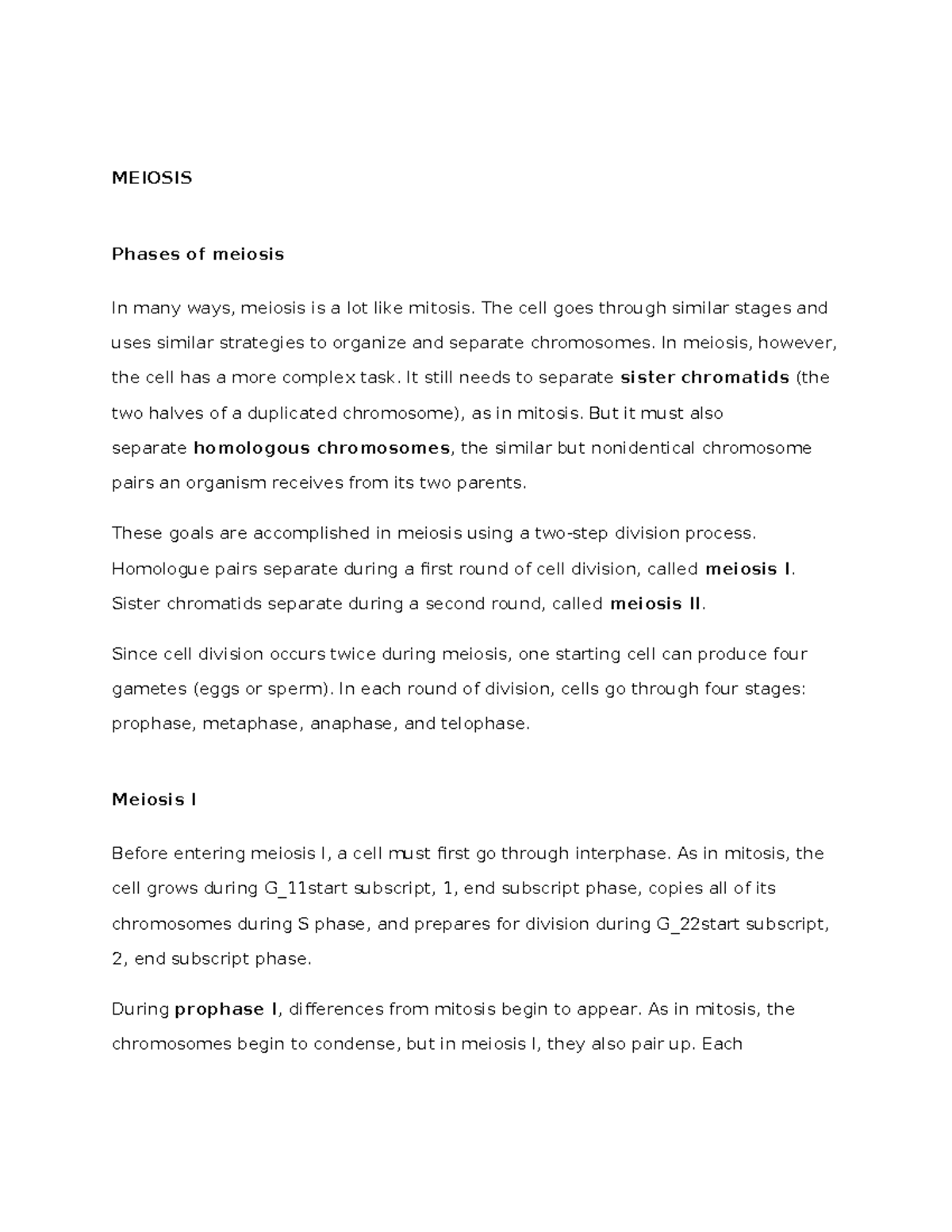Meiosis Overview and Phases Study Notes for BIO101 - Studocu