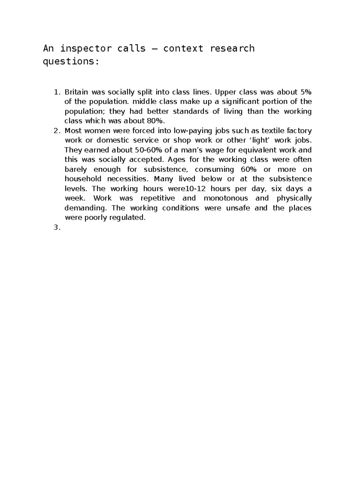 An Inspector Calls: Context Research Questions on Class & Society - Studocu