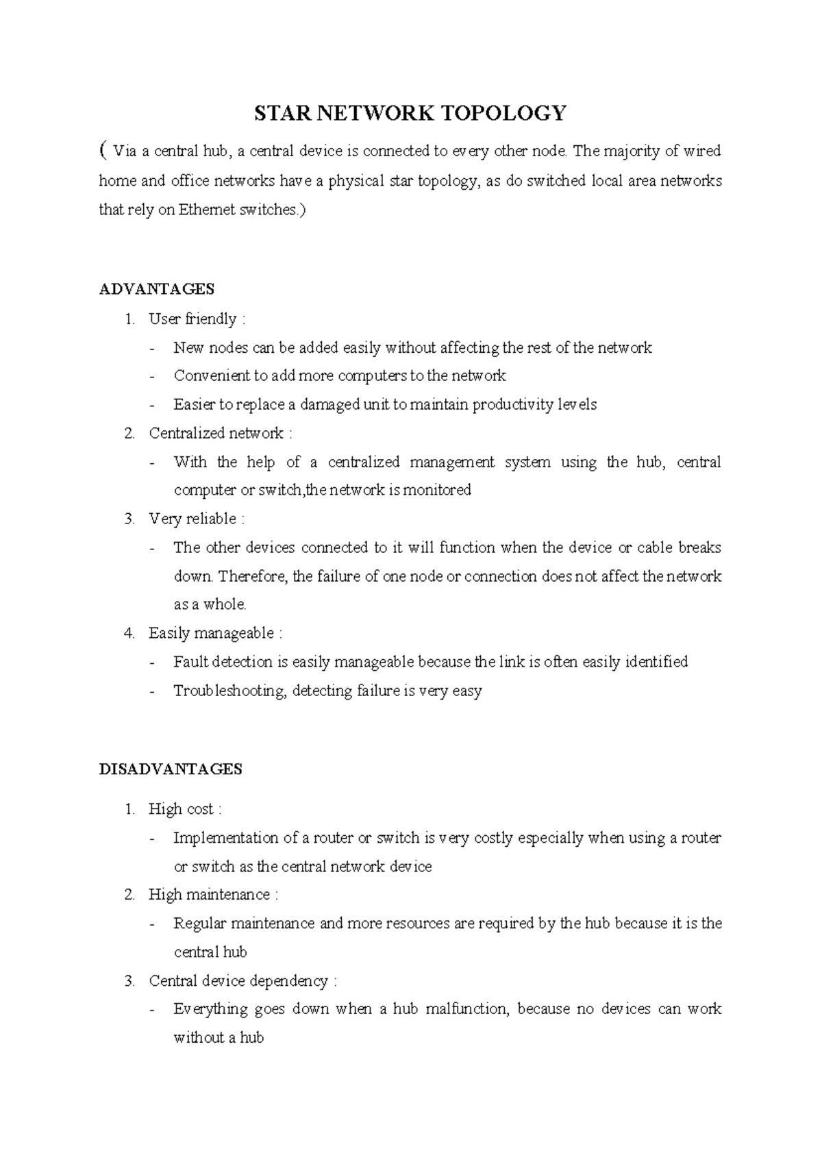 401 ANIS - Star Network Topology: Advantages & Disadvantages - Studocu