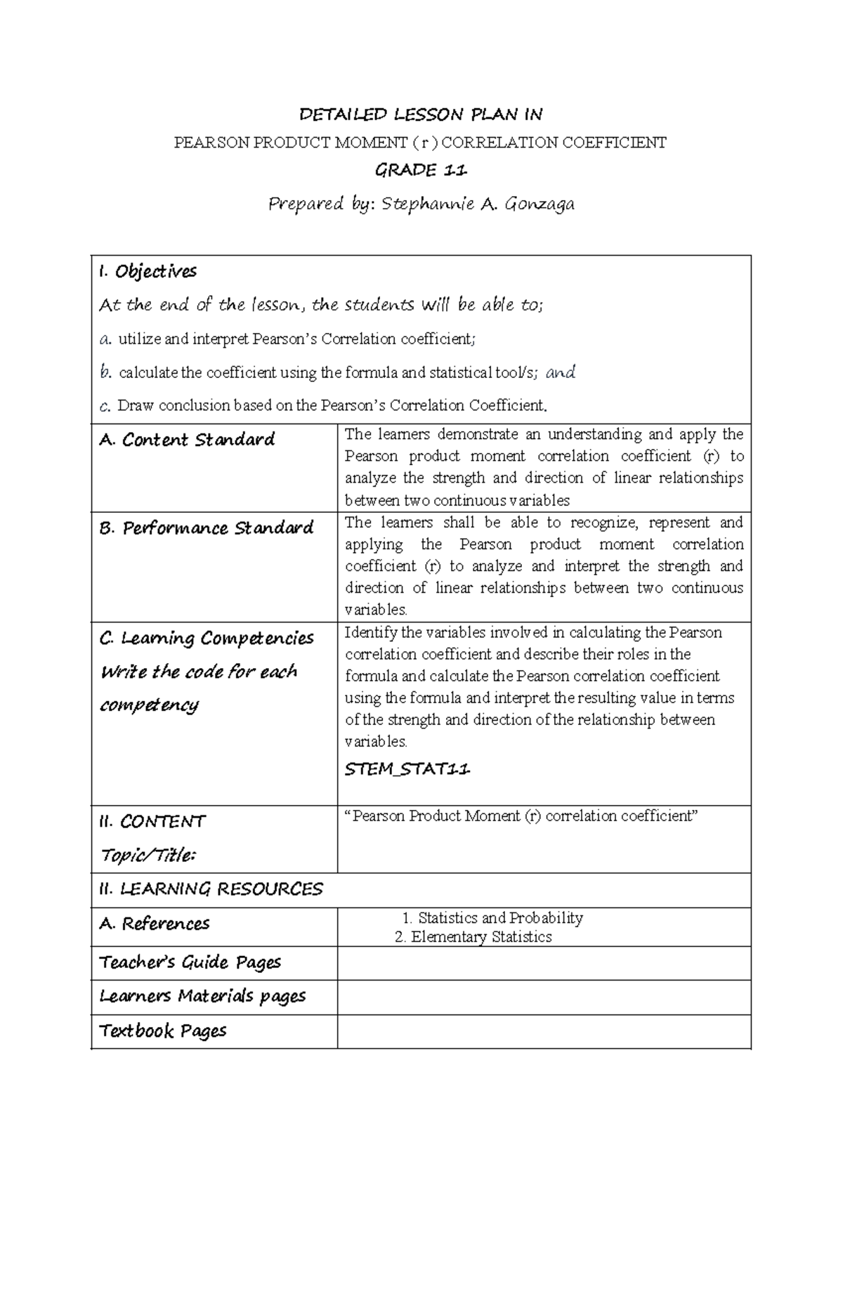 DETAILED LESSON PLAN ON PEARSON PRODUCT MOMENT CORRELATION (STEM_STAT11 ...