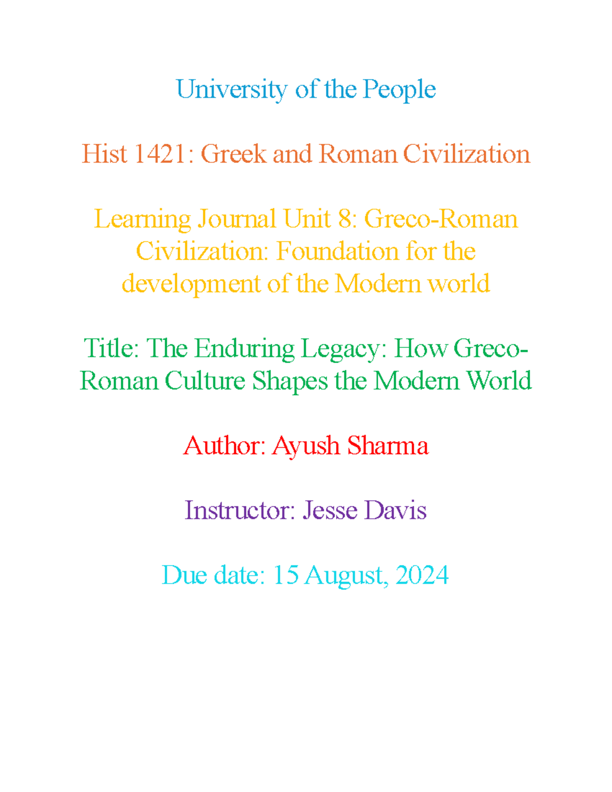 Greek and Roman History Learning Journal unit 8 - University of the ...