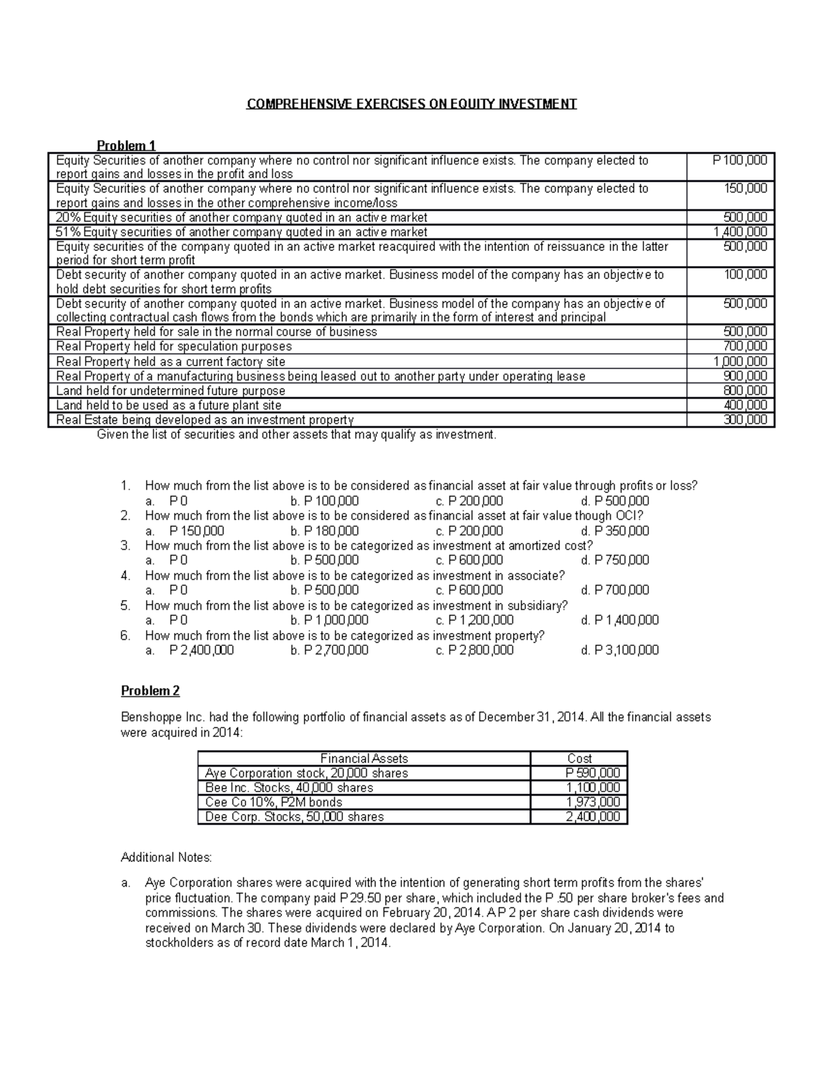 Comprehensive Exercises ON Equity Investmentquestionaire ...