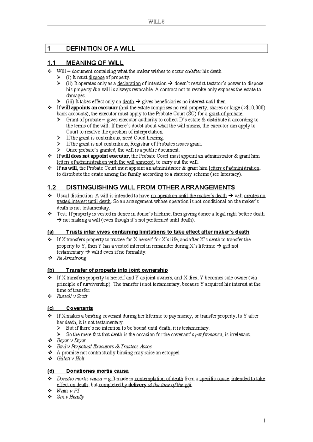 WILLS 1: DEFINITION AND MAKING OF A WILL - SUCCESSION NOTES 1 - Studocu
