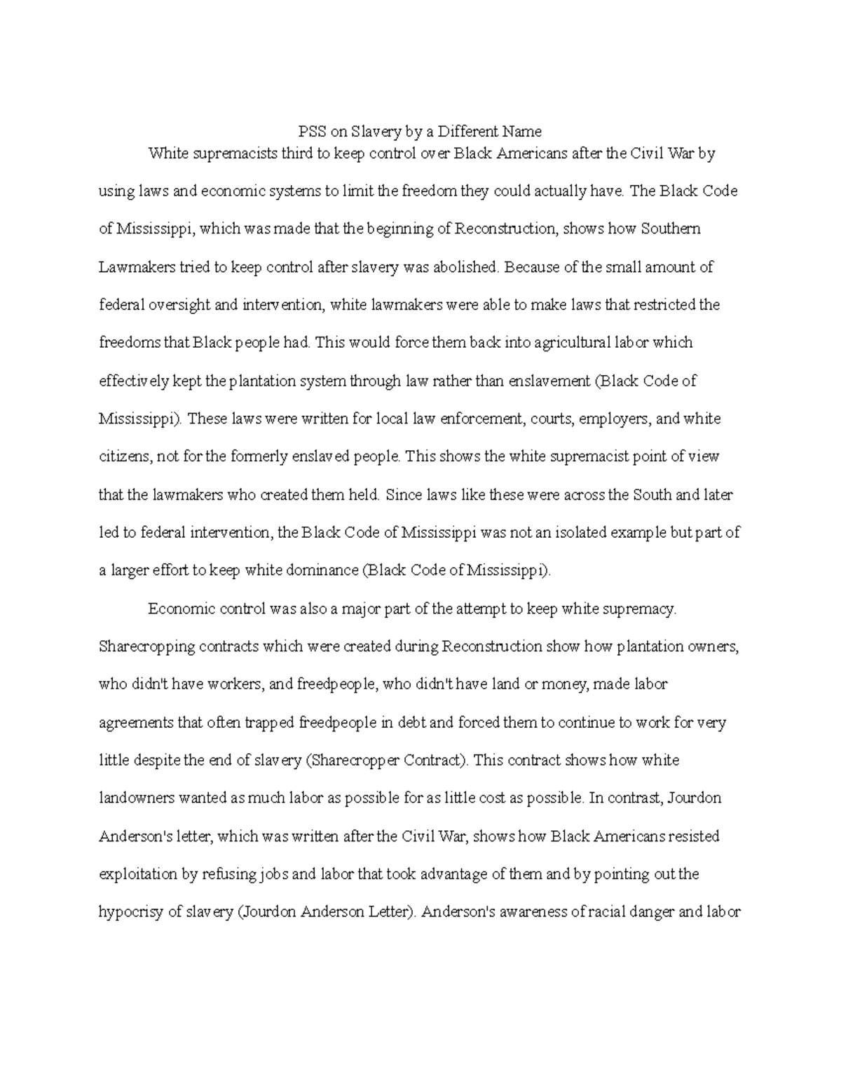 PSS Essay: Analyzing the Black Codes and Sharecropping Post-Civil War ...