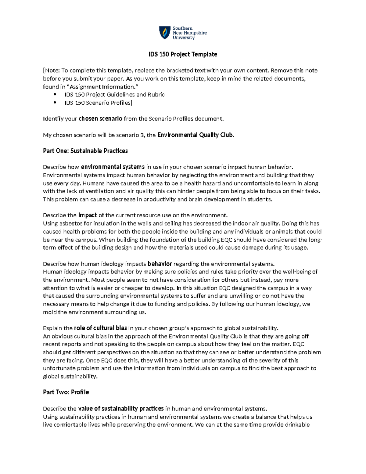 IDS 150 Project Template II: Sustainability Practices & Solutions - Studocu