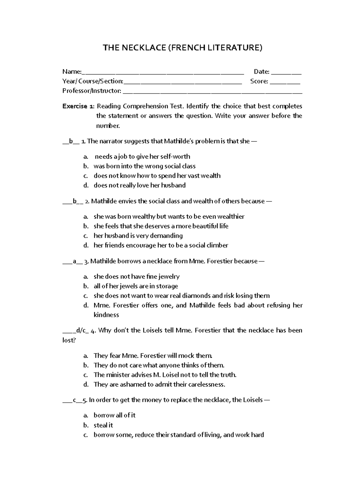 French Literature Activity- Philippine Literature - THE NECKLACE ...