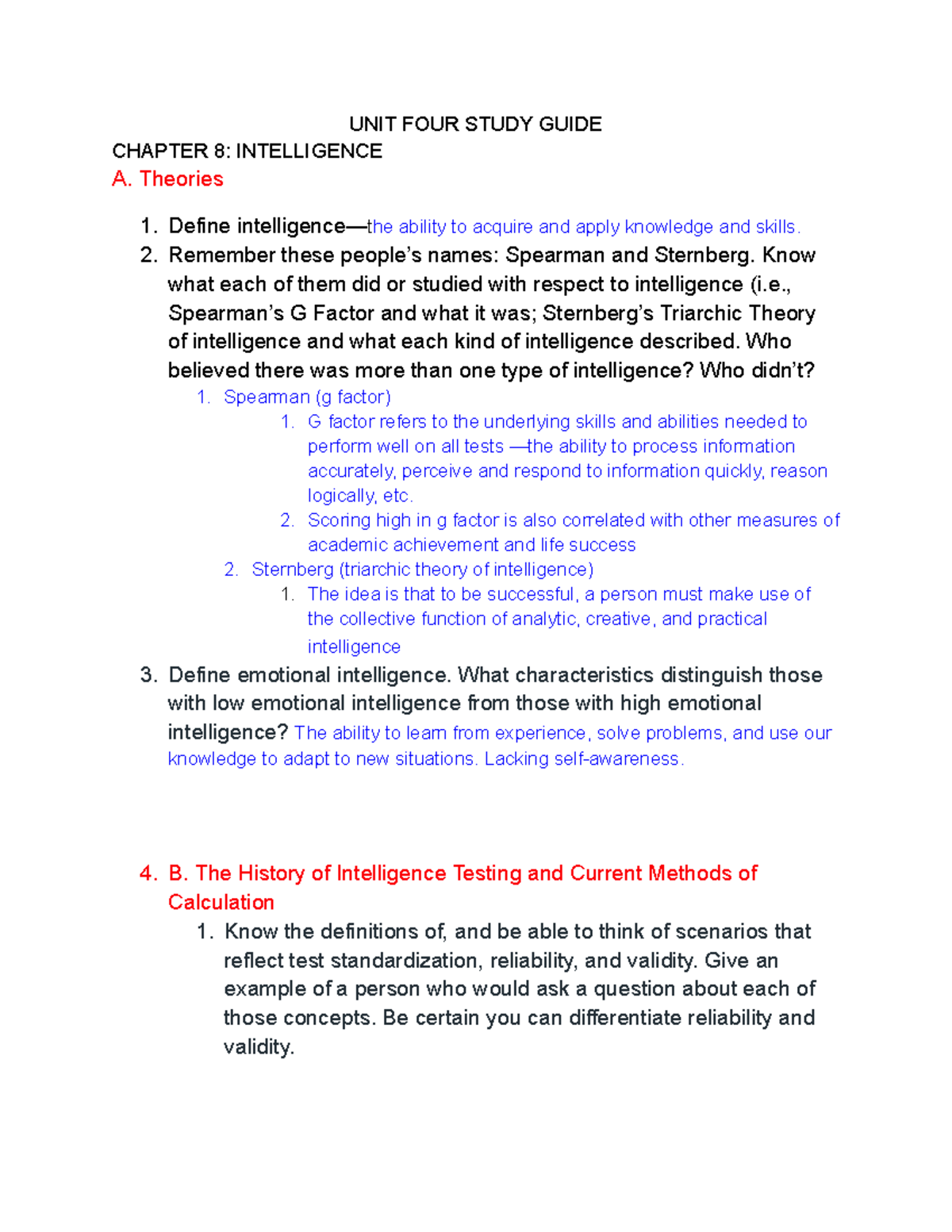 Unit 4 Study Guide: Intelligence Theories & Emotional Perspectives ...