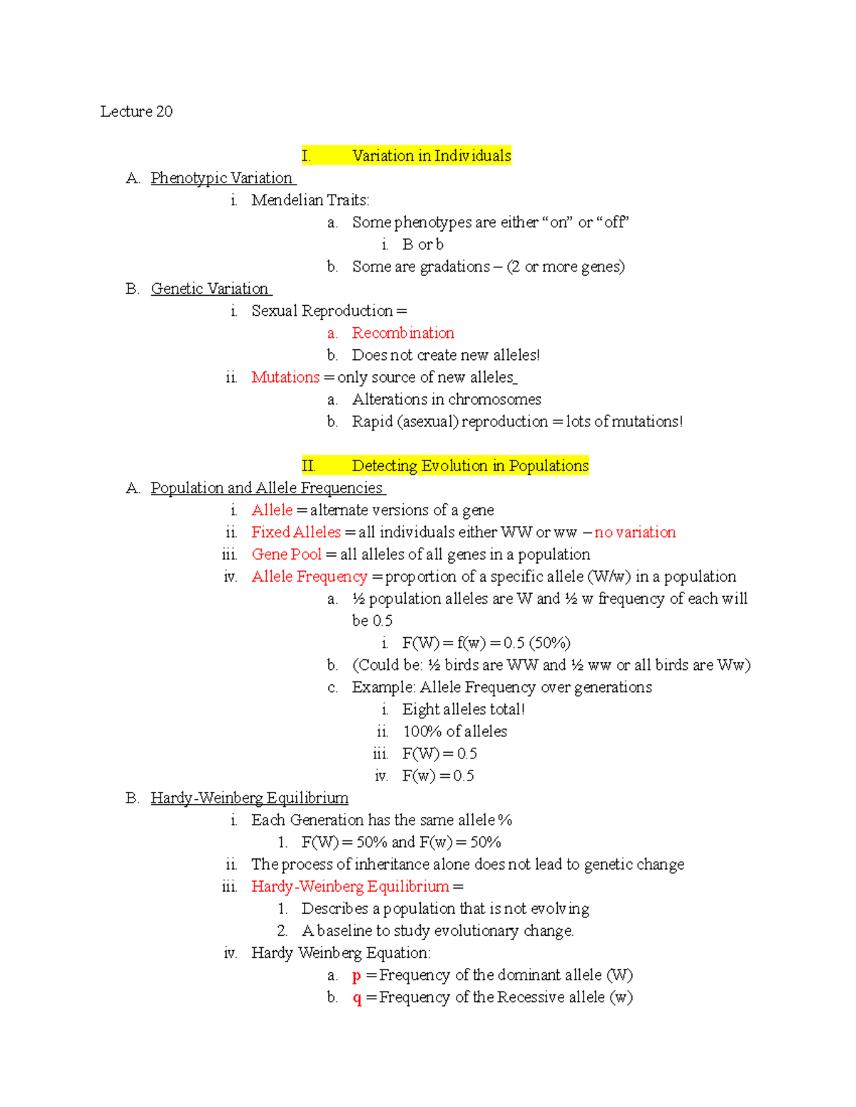 Lecture 20 Notes - Lecture 20 I. Variation in Individuals A. Phenotypic ...