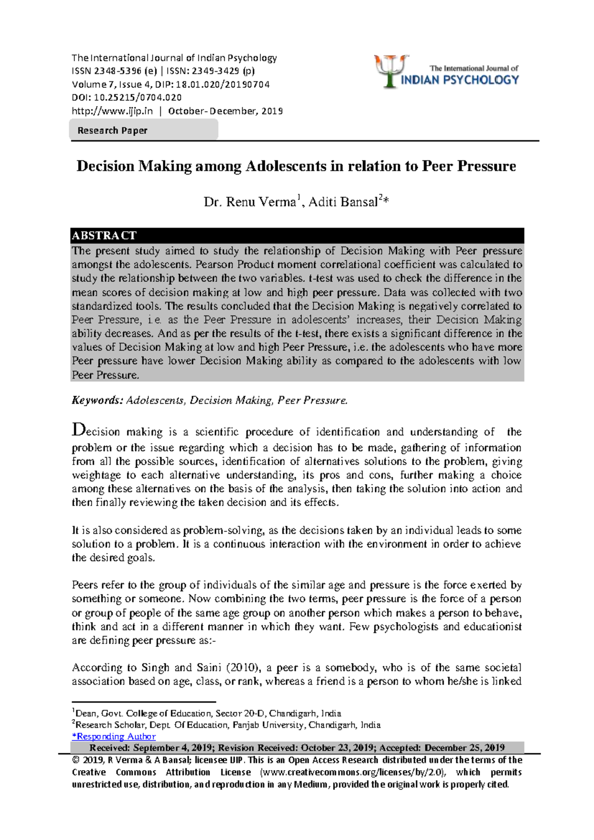 18.01 - Decision Making and Peer Pressure among Adolescents: Research ...