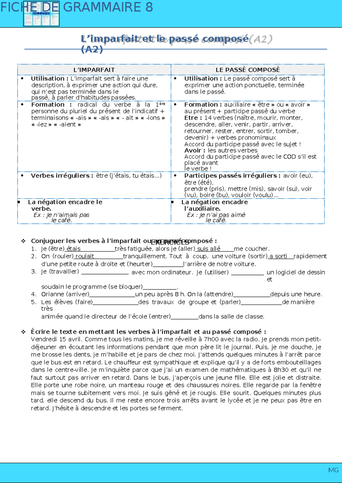 FICHE DE GRAMMAIRE 8 : Le Passé Composé (A2) et Son Utilisation - Studocu
