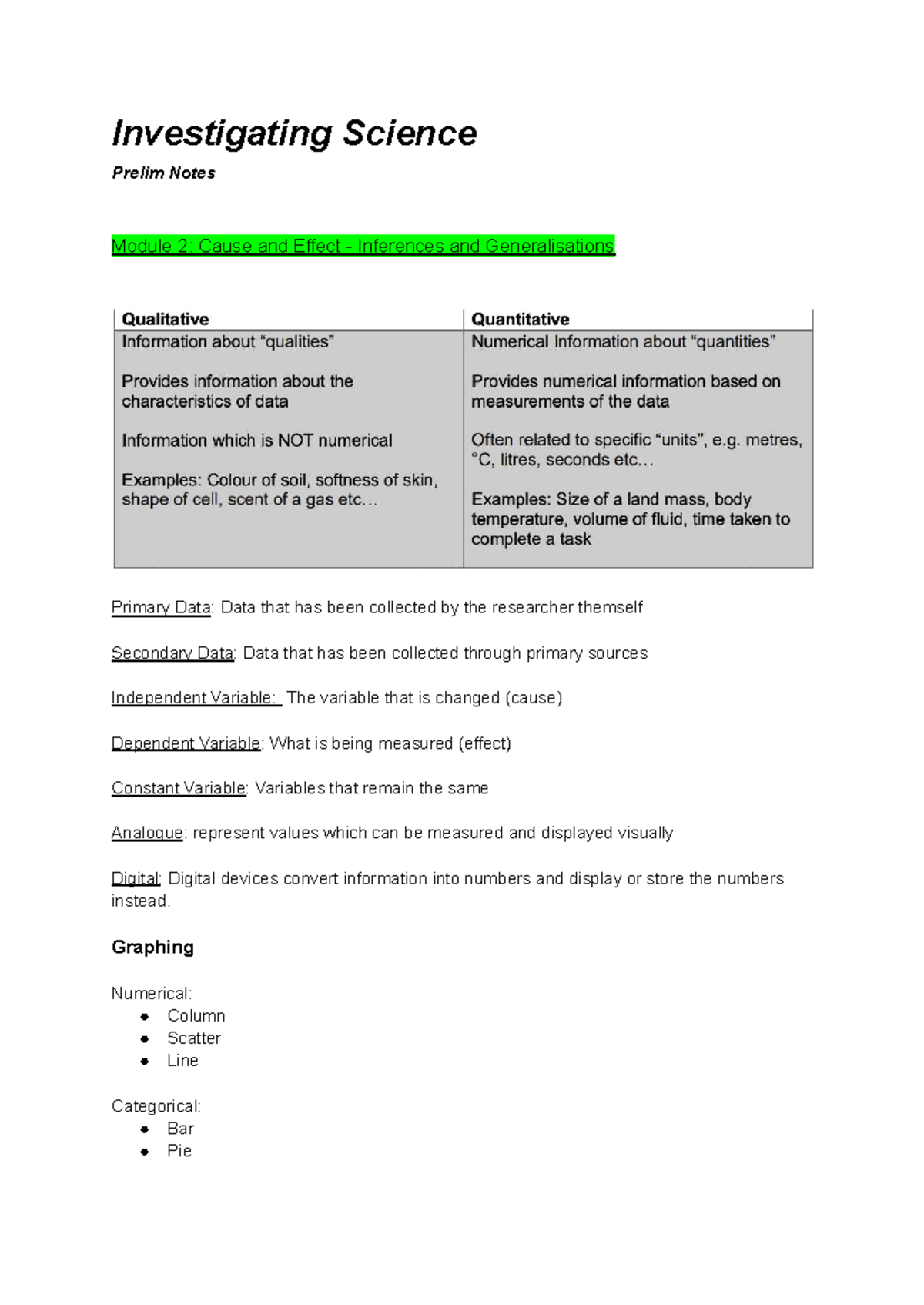 Investigating Science Prelim Notes: Module 2 - Cause & Effect ...