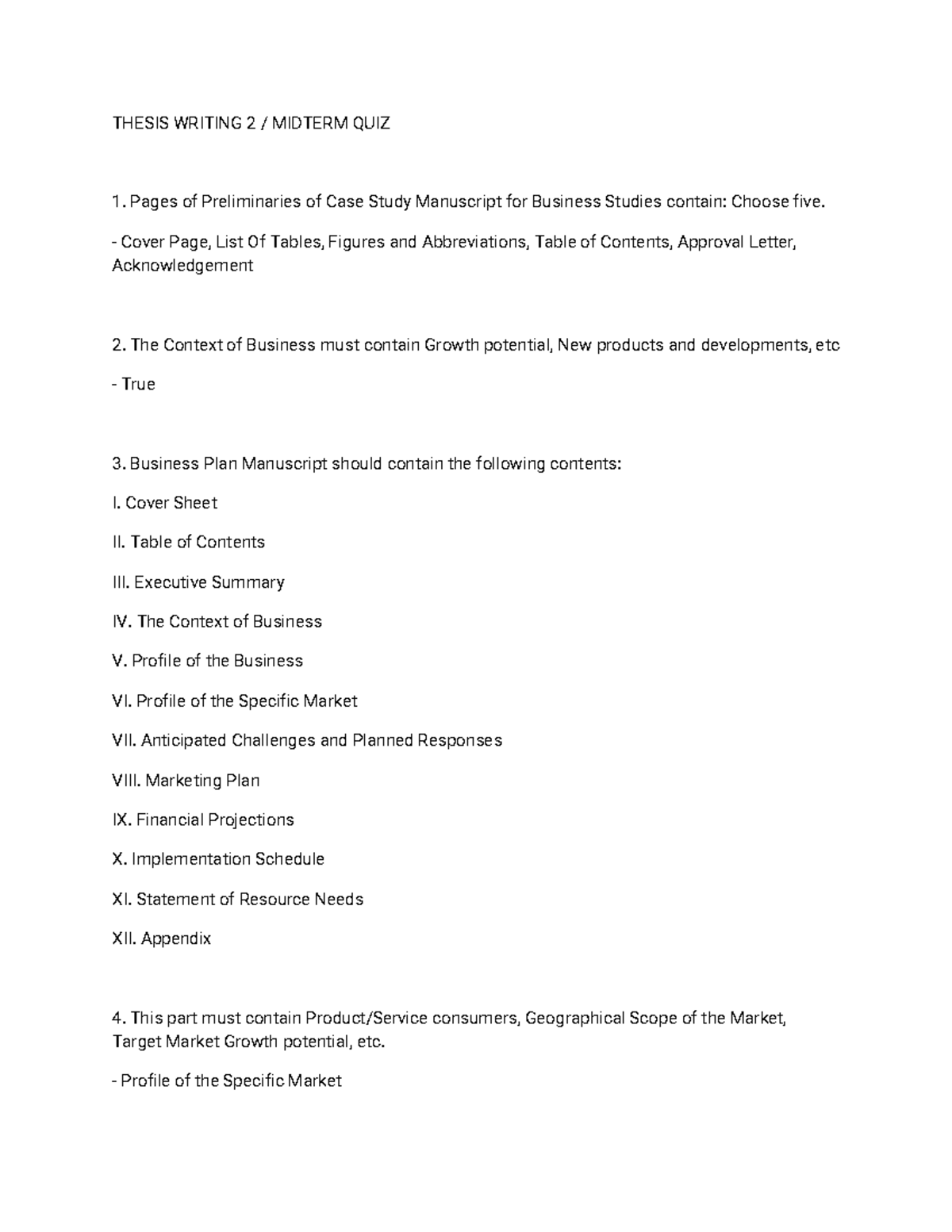 Thesis Writing 2 Midterm Quiz: Case Study Manuscript Essentials - Studocu