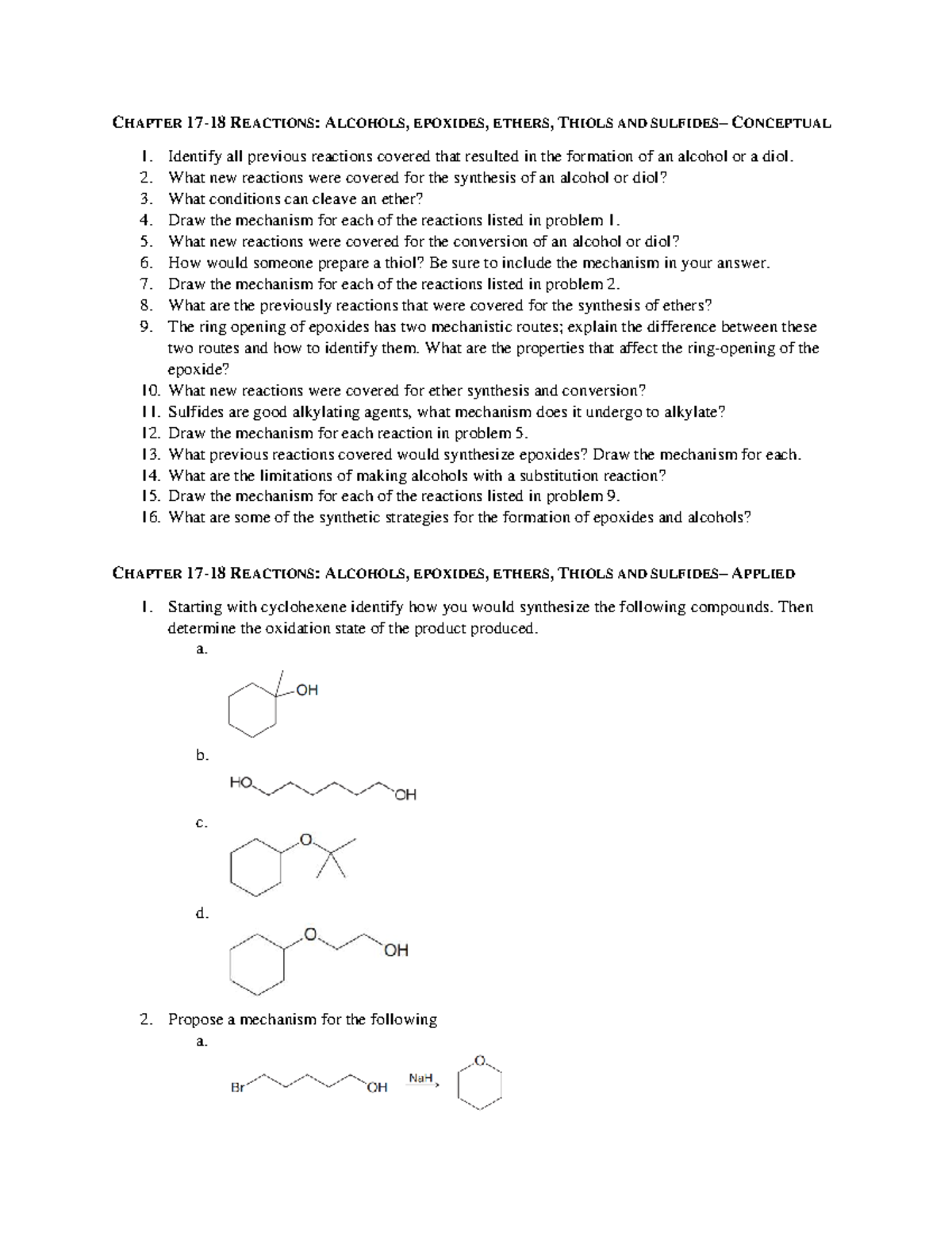 CHAPTER 17-18 REVIEW: REACTIONS OF ALCOHOLS, EPOXIDES, ETHERS, AND ...