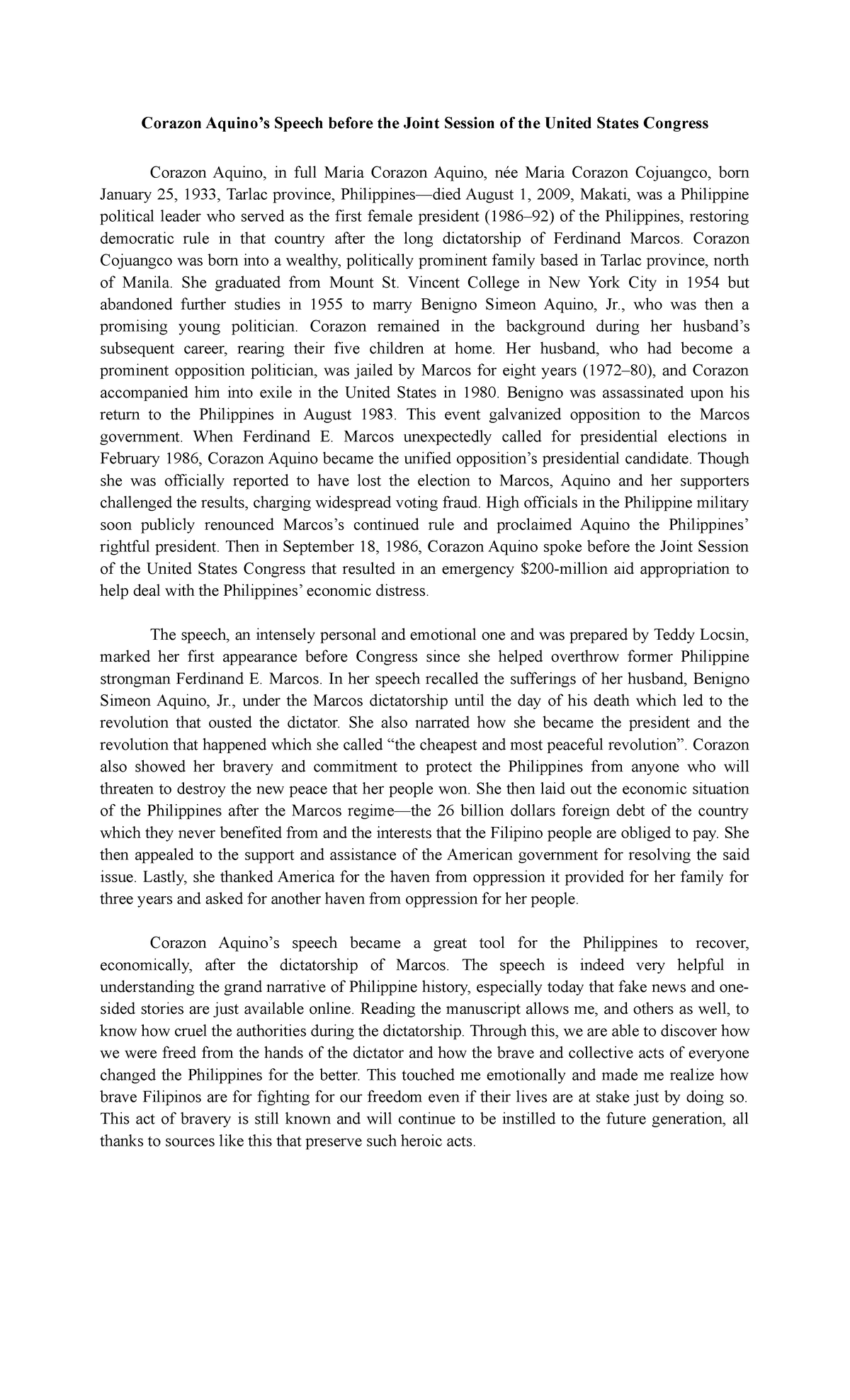 Corazon Aquino’s Speech before the Joint Session of the United States ...