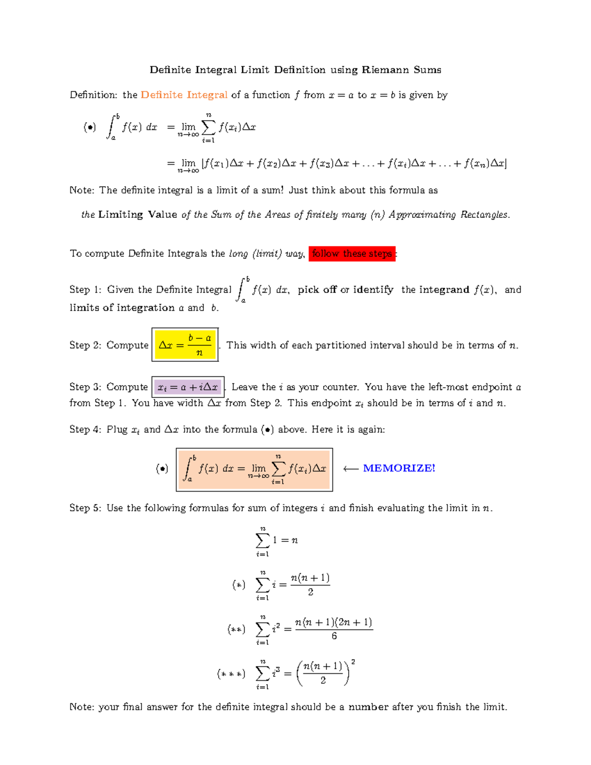 Definite Integral Limit Definition via Riemann Sums - Studocu