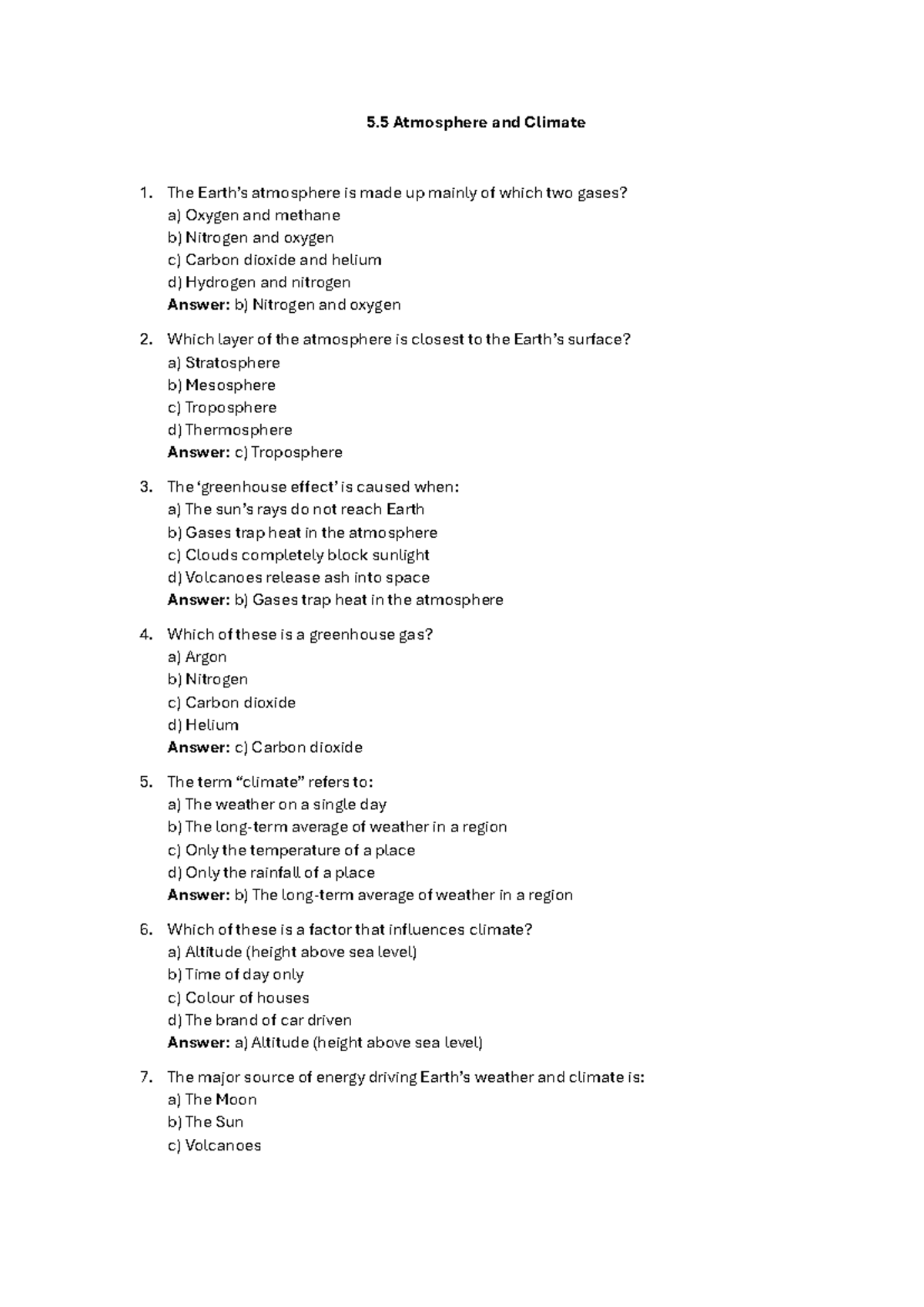 5.5 Atmosphere and Climate: MCQ Answers and Explanations - Studocu