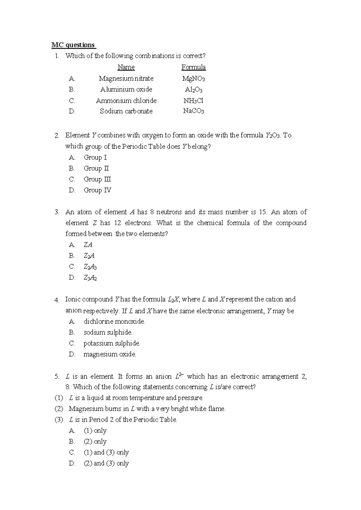 MC Questions - Exercises for Chemistry Course Code: CHEM101 - Studocu