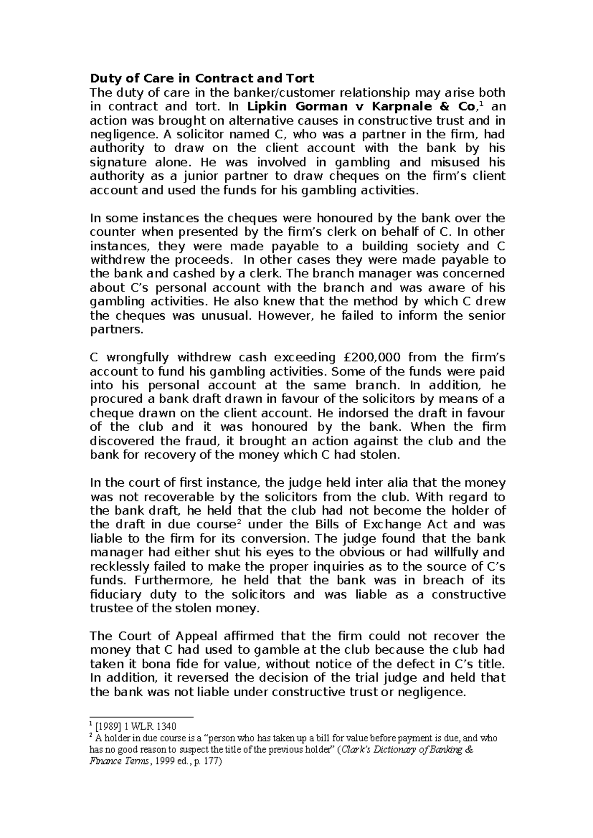 Duty of Care in Contract and Tort: Bank Customer Relationships - Studocu