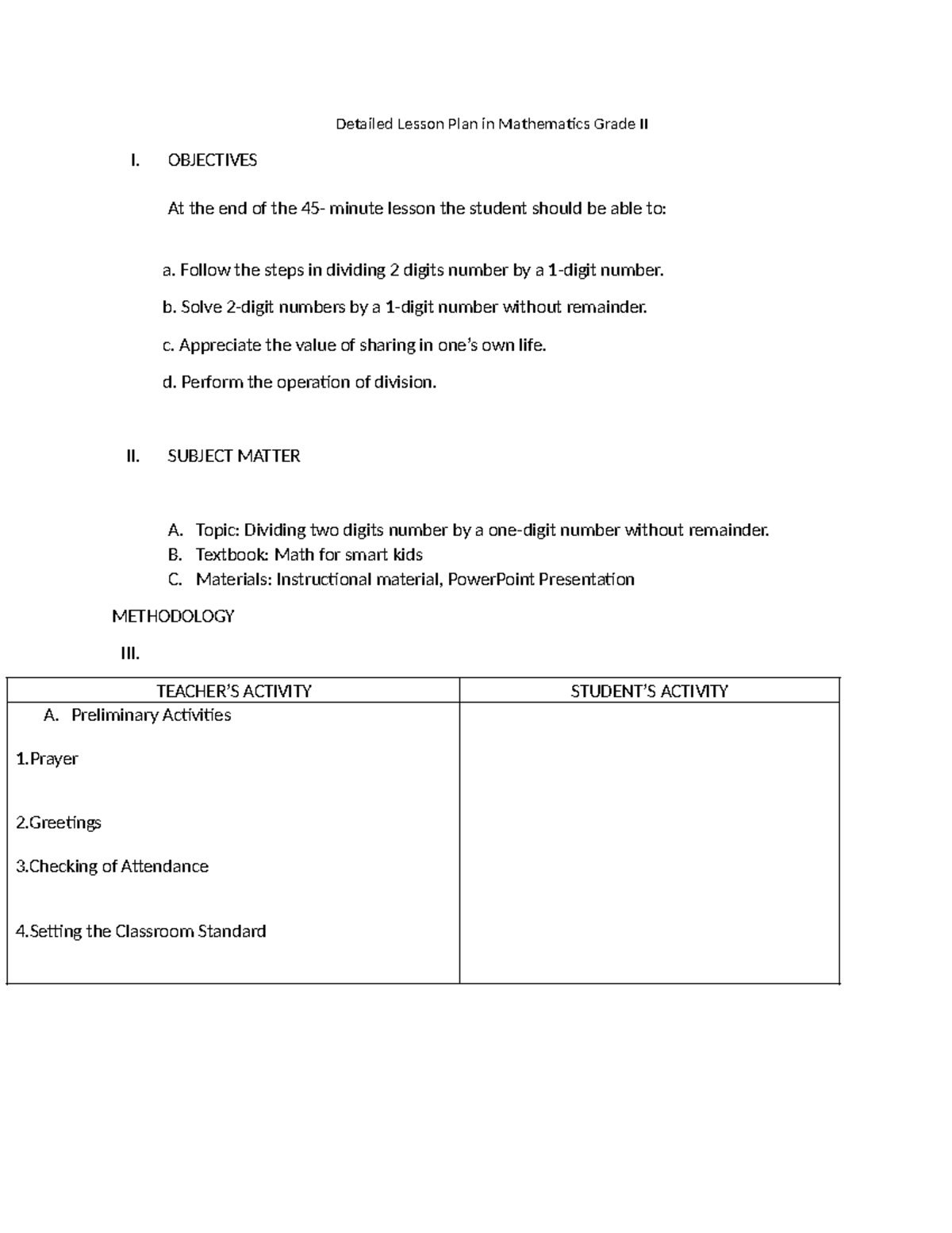 Mathematics Grade II Lesson Plan: Dividing Two-Digit Numbers - Studocu
