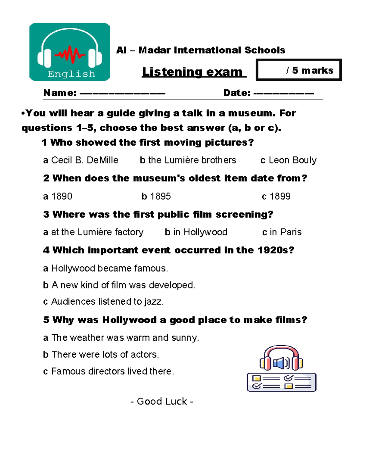Listening Exam - Al Madar Int'l Schools (5 Marks) - Studocu