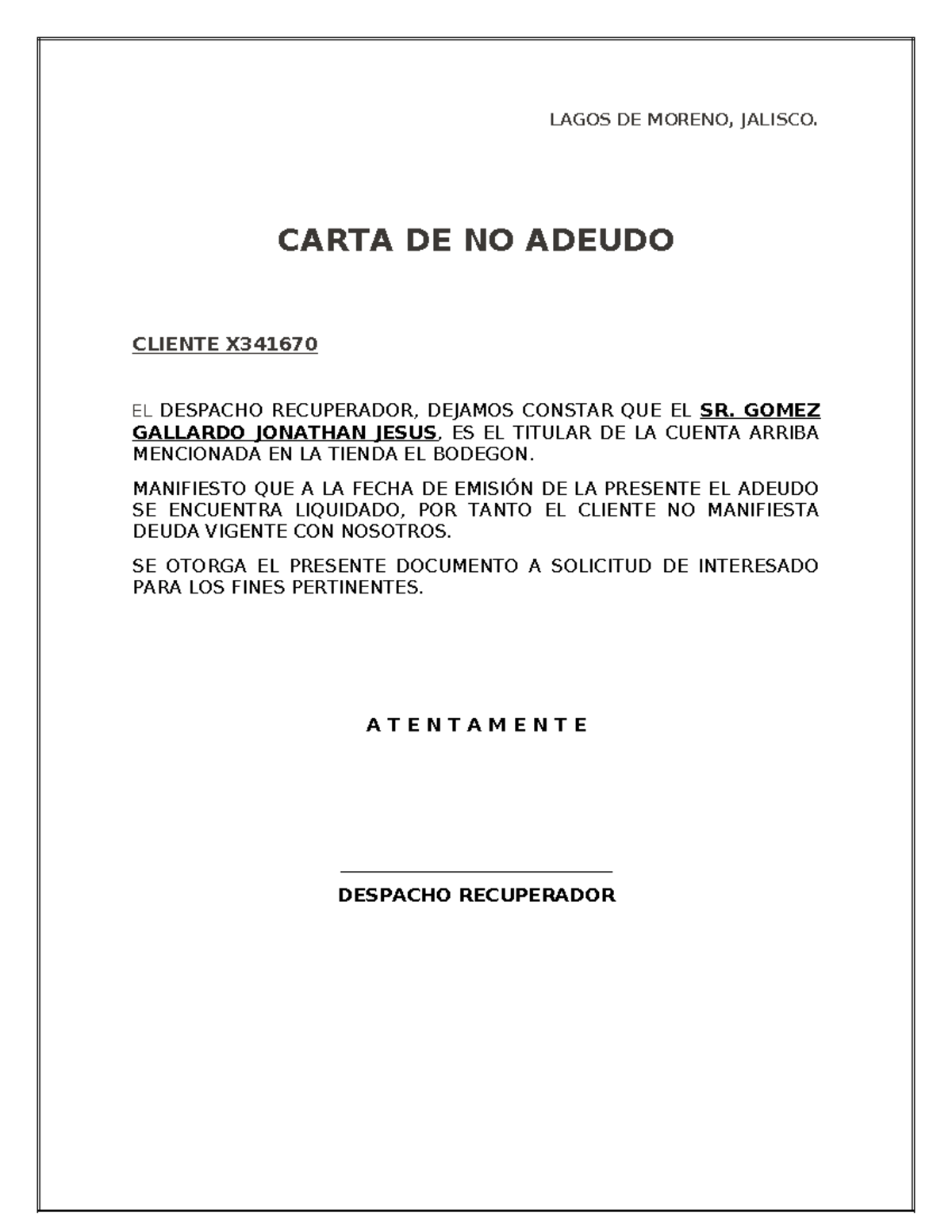 Constancias DE NO Adeudo - LAGOS DE MORENO, JALISCO. CARTA DE NO ADEUDO ...